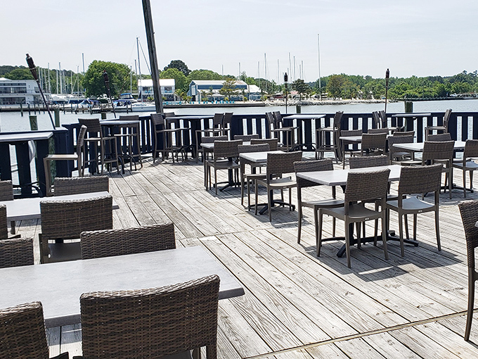 Dining with your toes practically in the Chesapeake. On this deck, even a mediocre meal would taste magnificent&mdash;but the food is anything but mediocre.