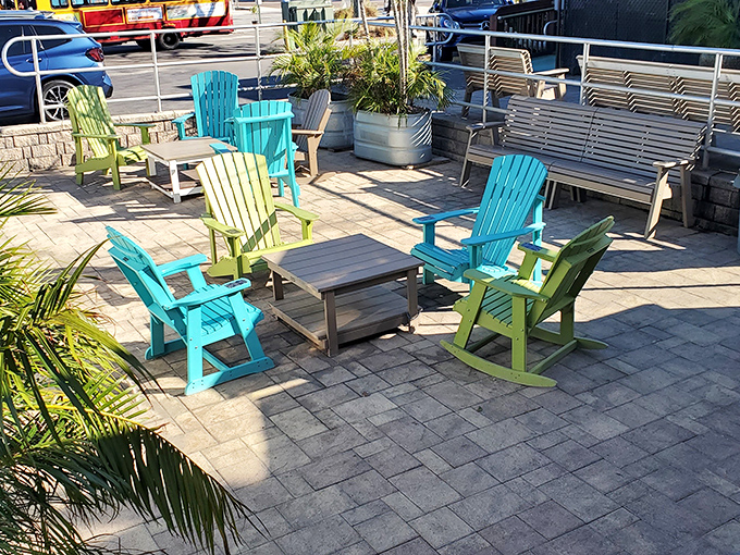 Colorful Adirondack chairs invite you to digest while debating which menu item to try on your inevitable return visit tomorrow.