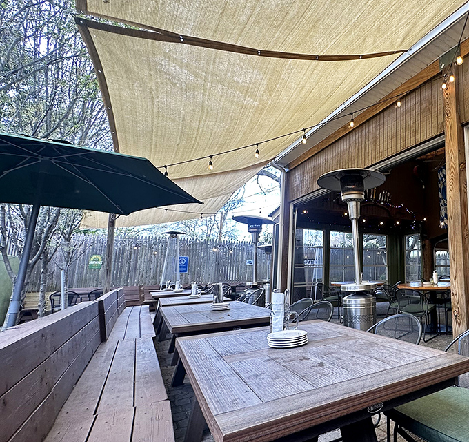 The biergarten offers al fresco dining under string lights and shade sails. German food tastes even better with a gentle breeze and birdsong.