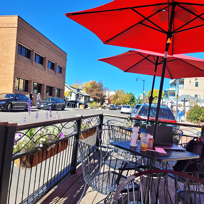 Louisville mornings are best enjoyed alfresco, where red umbrellas provide shade and Main Street provides the perfect small-town soundtrack.
