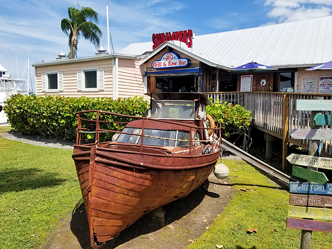 Outdoor seating where the entertainment is provided by passing boats and the occasional pelican photo-bombing your lunch.
