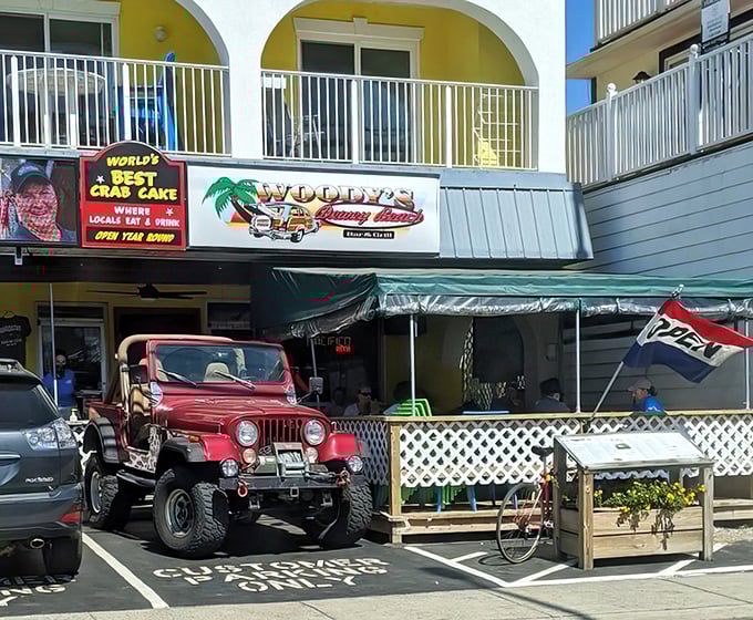 That vintage Jeep parked outside isn't just transportation&mdash;it's Woody's philosophy in vehicle form: rugged, reliable, and unmistakably coastal.