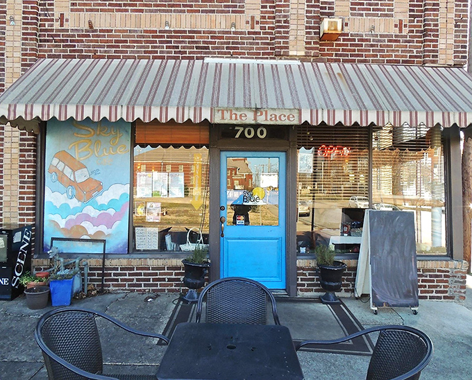 The unassuming storefront at 700 might be easy to miss, but locals know this blue door leads to pancake paradise.