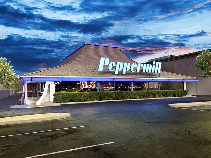 Evening light kisses that humble exterior, hiding the breakfast paradise that awaits hungry souls seeking Nevada's ultimate eggs benedict experience.