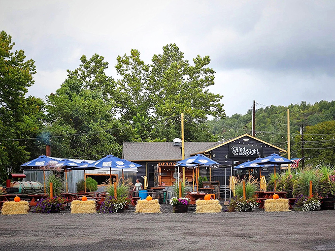 When fall meets smoke&mdash;seasonal decorations frame this barbecue oasis, proving great BBQ knows no season in Connecticut.