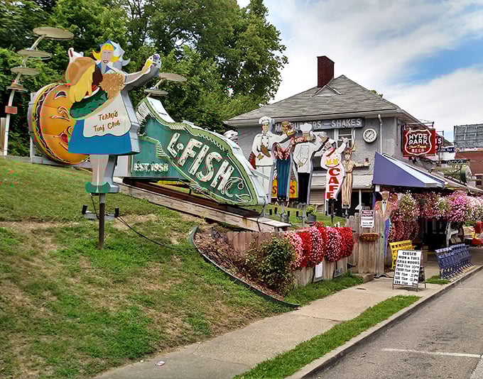 Whimsical outdoor decor that stops traffic! This vintage signage collection is like the quirky prelude to the flavor symphony waiting inside.