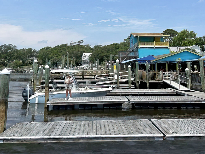From this vantage point, you can see why Fishy Fishy chose this spot&mdash;the docks and water views are practically part of the dining experience.