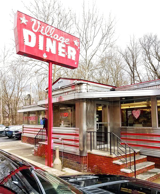 Even in winter, that iconic red sign stands like a breakfast lighthouse, guiding hungry travelers through the Pennsylvania morning fog.