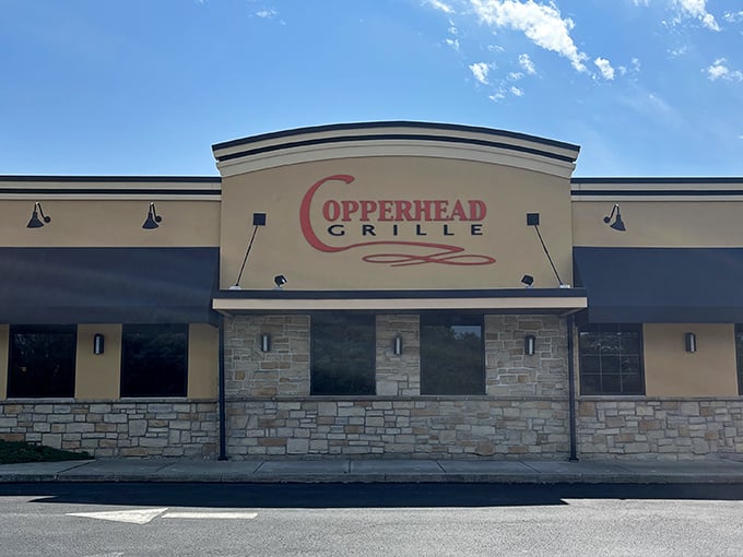 The Copperhead Grille facade stands proudly against blue Pennsylvania skies. A temple to the religion of good food and good company.