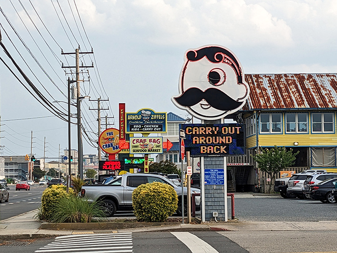 The quirky mascot with mustache proves that great seafood comes with a sense of humor and plenty of coastal personality.
