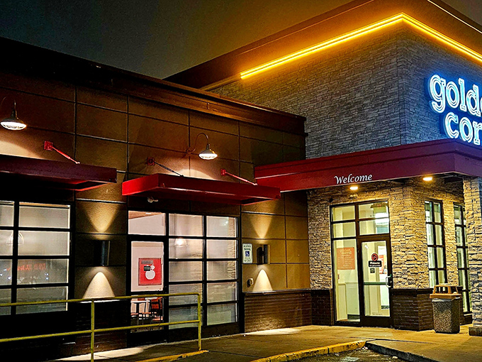 Evening lighting highlights the modern exterior design, making this location feel less like a chain restaurant and more like a destination worth the drive.
