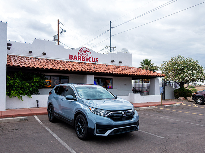 From this angle, Eric's Family Barbecue looks almost like a mirage &ndash; a white-walled oasis of smoke and flavor in the Arizona landscape.