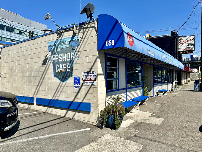 From the outside, it's refreshingly modest—a humble building with a blue trim that says, "Yes, we're still here, and yes, your breakfast is waiting."