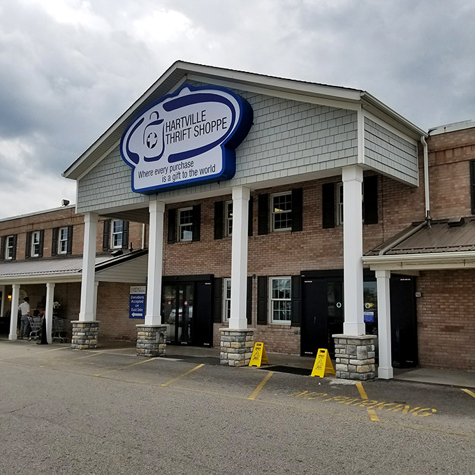 Even on cloudy days, the Hartville Thrift Shoppe shines as a beacon for bargain hunters. That sign isn't kidding about making a difference with every purchase.
