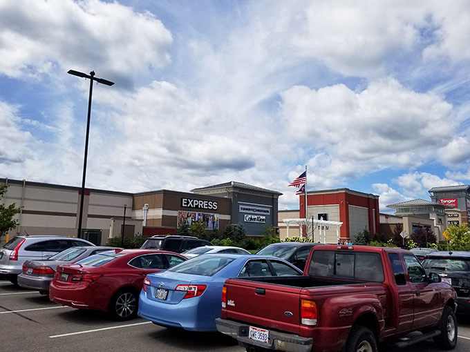 Even the parking lot has a certain charm&mdash;like the starting line of a race where everyone wins designer deals. That Express storefront is just the beginning of the adventure.