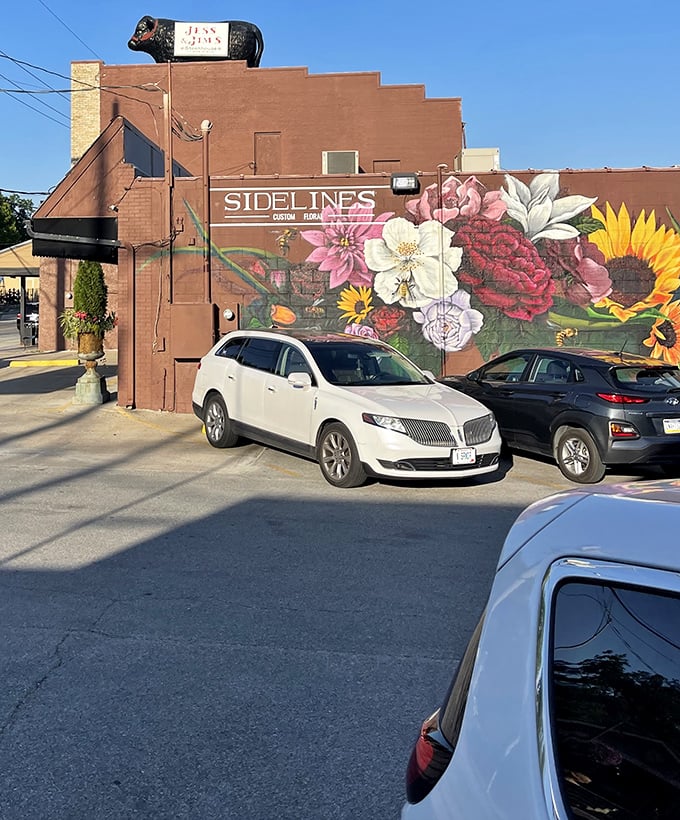 Even the side of the building gets special treatment with vibrant floral murals. Beauty meets beef in this Kansas City institution.