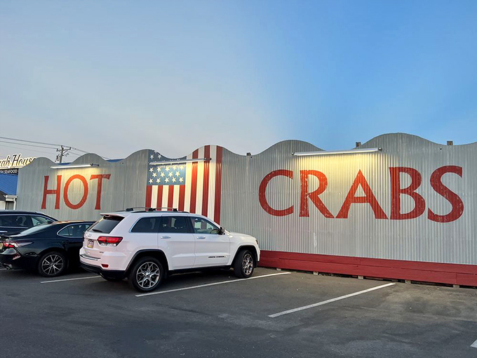 The exterior wall boldly proclaims what you're here for&mdash;HOT CRABS&mdash;no fancy marketing needed when the product speaks for itself.