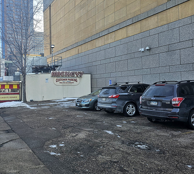Even the parking area carries Mickey's signature style, promising a classic American dining experience that's outlasted countless food trends and fads.