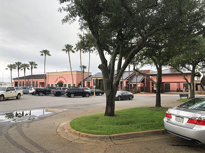 Even the parking lot, framed by swaying palms and live oaks, sets the stage for the coastal feast that awaits beyond those coral walls.