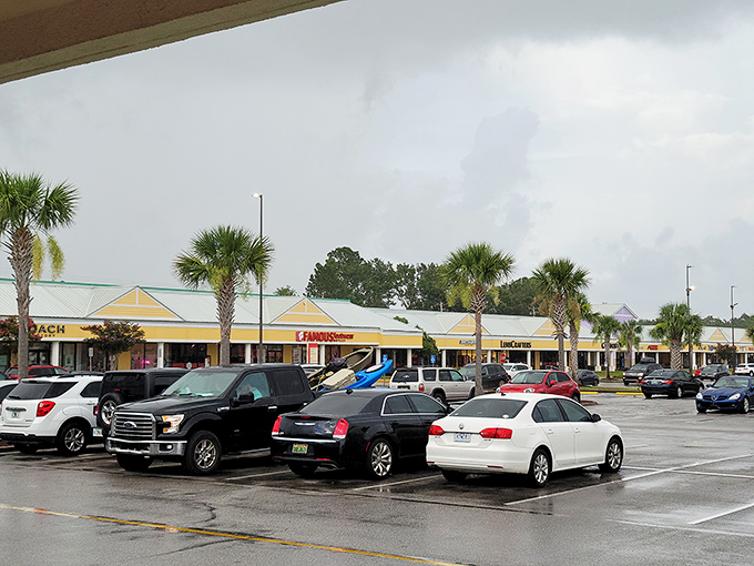 The parking lot after a rain shower&mdash;where finding your car becomes the final challenge in the day-long shopping Olympics.