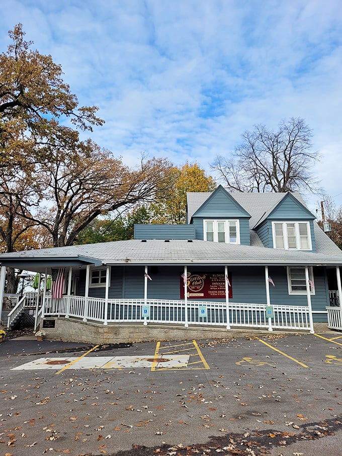 Even in autumn's embrace, this blue lakeside haven stands ready to welcome hungry travelers seeking Wisconsin's finest fish fry tradition. 