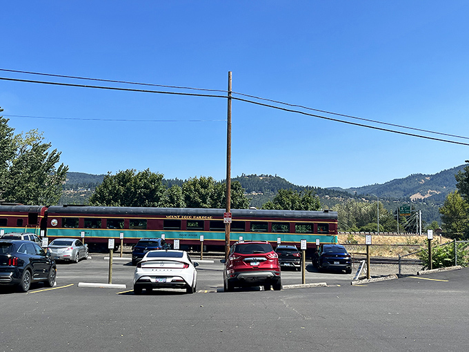 Trains at rest still tell stories. The colorful passenger cars wait in the parking area, promising adventures to come for the next lucky travelers.