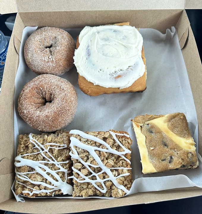 The pastry box&mdash;or as I call it, "happiness in cardboard form." Cinnamon donuts, frosted squares, and what appears to be the gateway to pure joy.