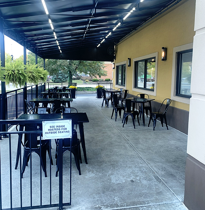 The covered patio offers al fresco dining without the risk of syrup-stealing birds&mdash;breakfast engineering at its finest.