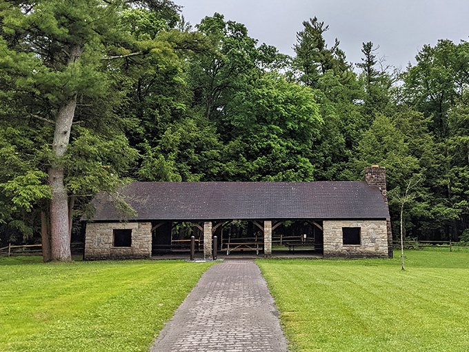 This stone pavilion has witnessed countless family picnics and rain-delayed hikes. A sturdy shelter that's been photobombing vacation pictures for generations.