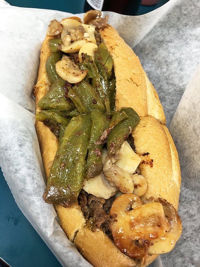 Green peppers and mushrooms crown this cheesesteak like vegetable royalty &ndash; proof that meat and veggies can coexist peacefully.
