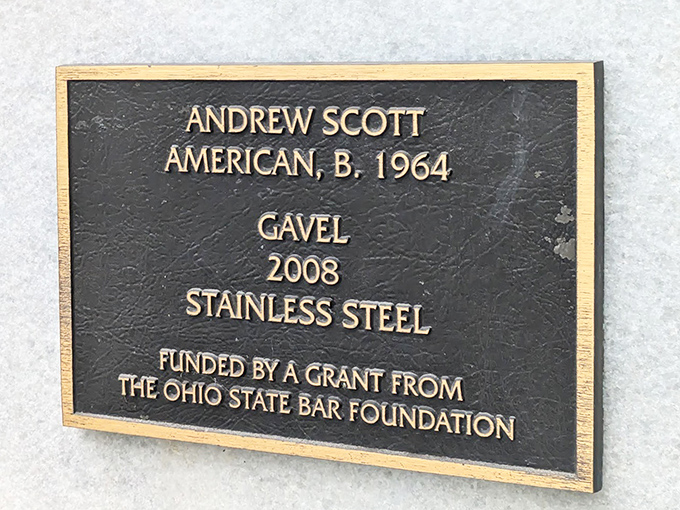 The plaque reveals the gavel's origin story&mdash;created by artist Andrew Scott in 2008 and funded by the Ohio State Bar Foundation. Every superhero needs an origin tale.