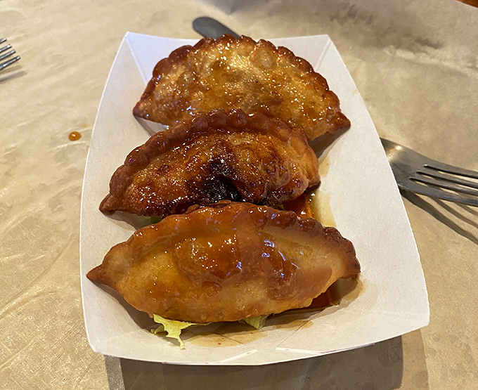 Golden-brown potstickers glistening with a perfect sear&mdash;because sometimes even a burger joint knows the importance of a plot twist.