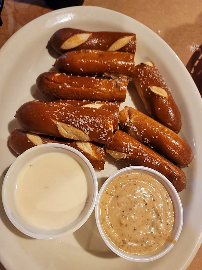 Warm pretzel sticks with dipping sauces&mdash;because sometimes you need a little carb-loaded intermission between seafood acts in this delicious show.