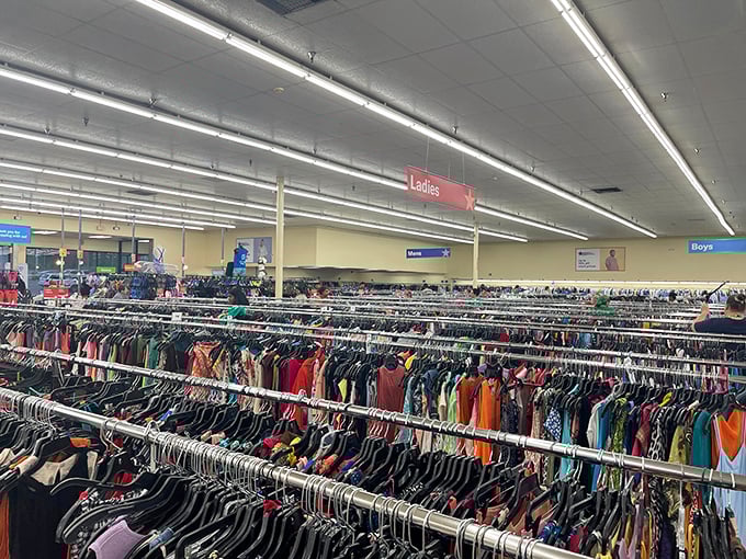 The women's clothing section stretches as far as the eye can see. A kaleidoscope of colors and styles awaits fashion-forward bargain hunters.