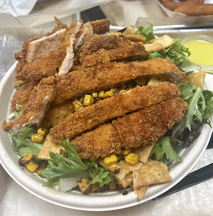 Crispy schnitzel strips lounging on a salad like they're at a beach resort. Proof that fried food can look elegant too.