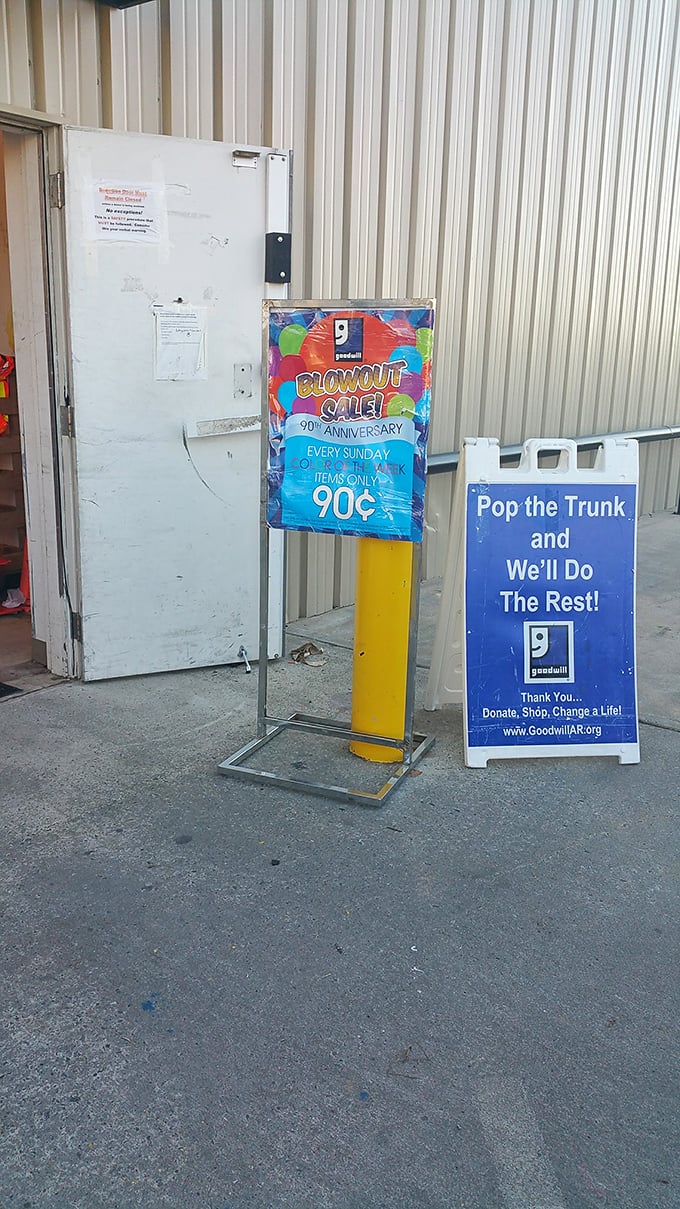 The "Blowout Sale" sign promises items for just ninety cents&mdash;that's less than most people's daily coffee habit.