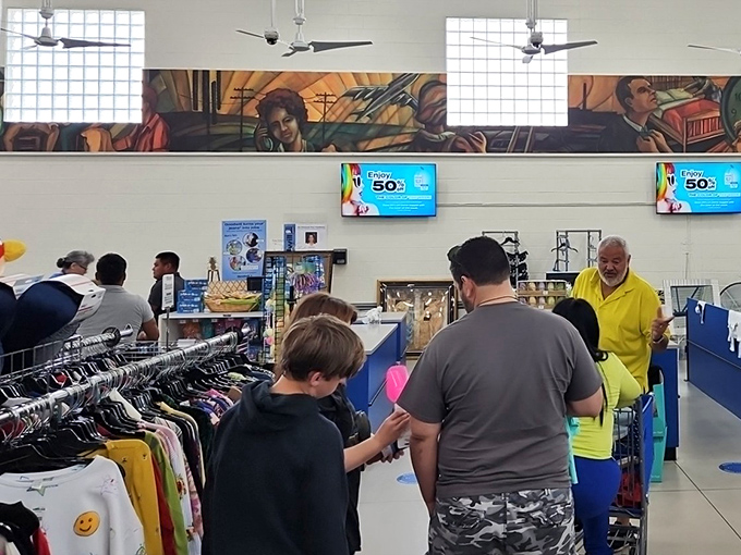 The true magic of thrift stores captured&mdash;shoppers of all ages hunting side by side, each on their own treasure quest.
