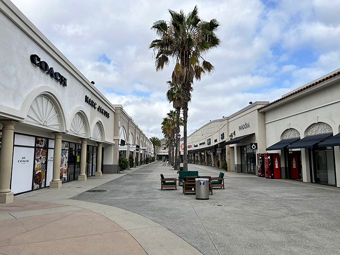 The serene walkway between Coach and Pandora &ndash; the calm before the shopping storm where benches offer brief sanctuary.