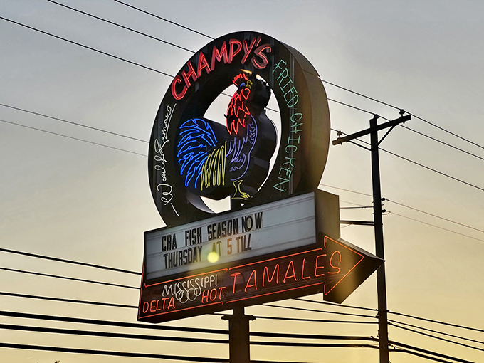 That rooster sign stands proud against the sky, a beacon calling all who appreciate the art of fried chicken.