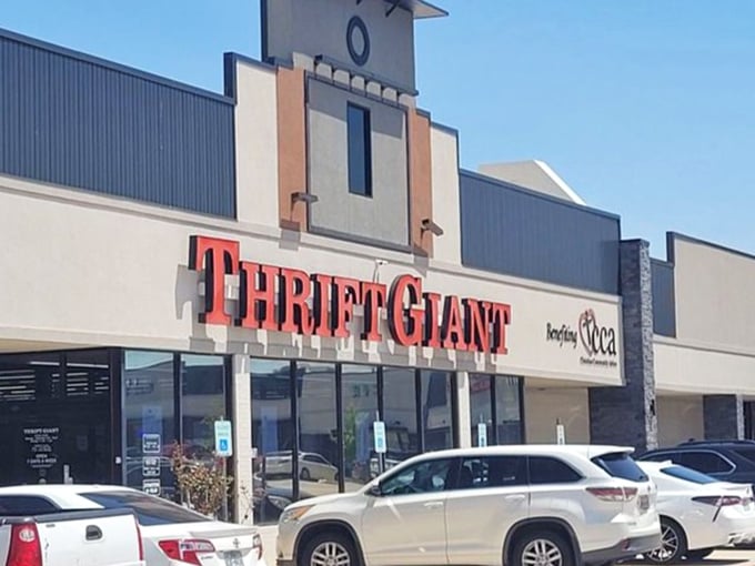 The Thrift Giant sign stands proud against the Texas sky, a monument to sustainable shopping and the thrill of the hunt that keeps bargain lovers coming back.