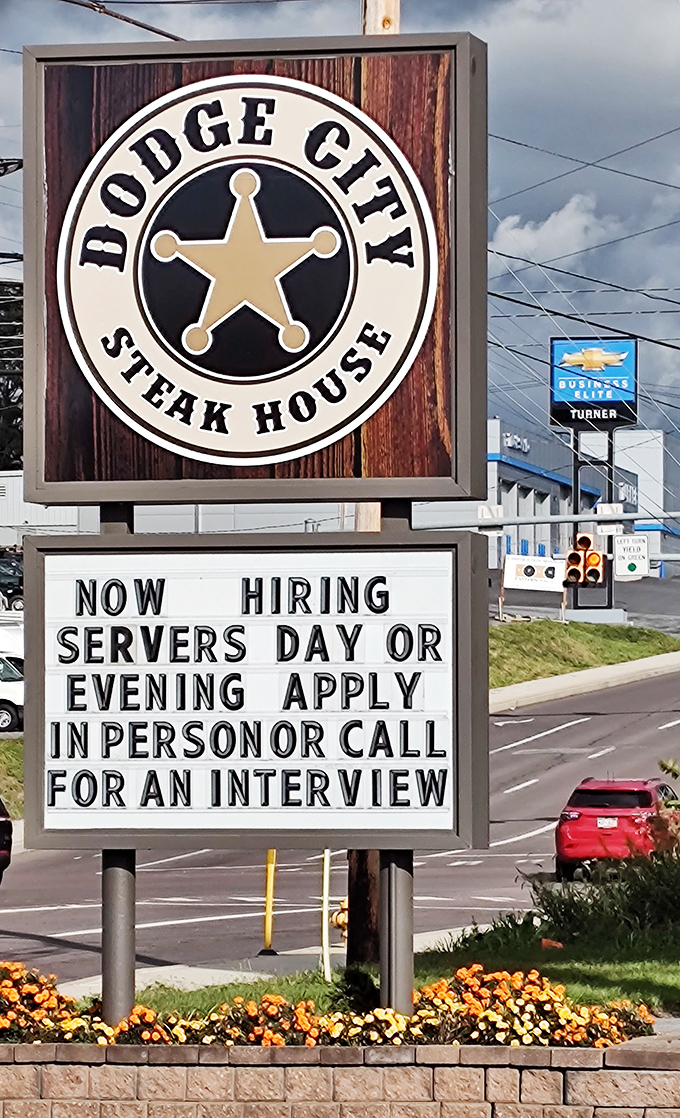 The iconic Dodge City sign stands tall along the roadside, a beacon for hungry travelers seeking refuge from chain restaurant mediocrity.