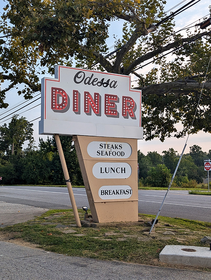 The vintage roadside sign stands tall, a neon-trimmed promise of three square meals with breakfast getting top billing &ndash; as it should.