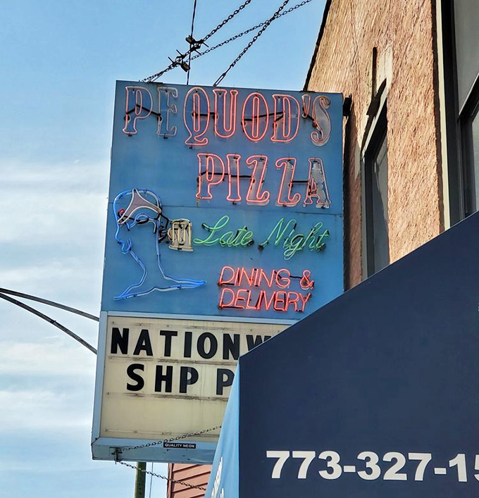 That neon whale has guided pizza lovers through Chicago nights since the 70s. Like a blue beacon of deep dish dreams.