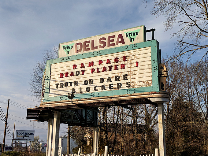 Winter's bare trees frame the vintage marquee advertising "Rampage" and "Ready Player One." Even in the off-season, the Delsea promises adventure awaits.