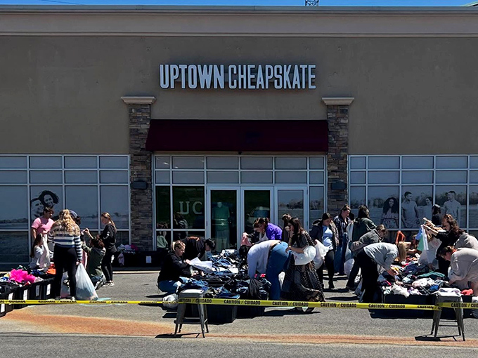 Community gathering for what looks like the fashion equivalent of a barn raising &ndash; everybody wins here.