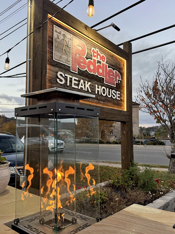 The sign features actual flames&mdash;a not-so-subtle hint about what's happening to your steak inside. Subtlety is overrated when you're this good.