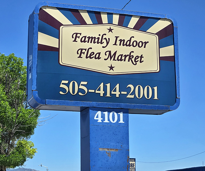 The retro signage with its sunburst design captures the nostalgic spirit of the market – a roadside invitation to step back in time.