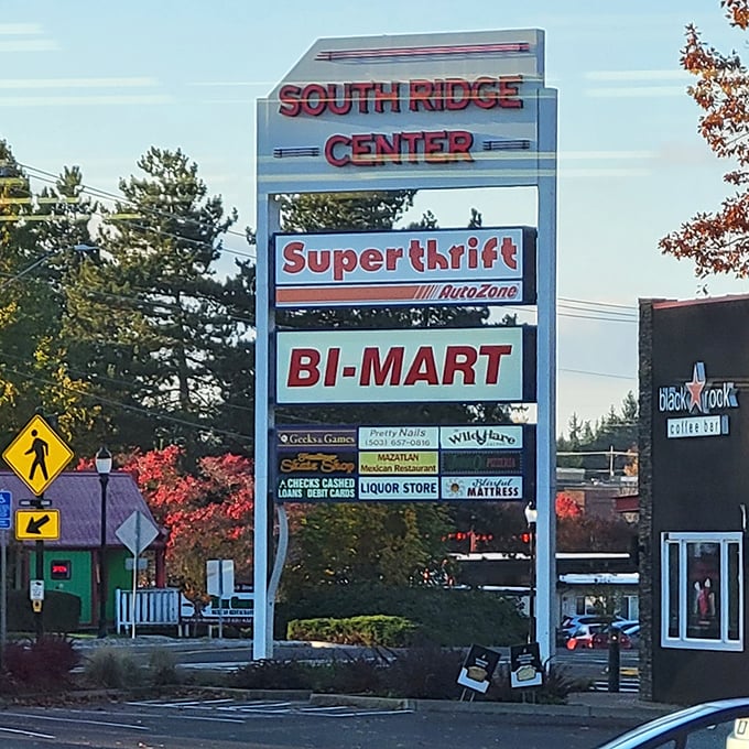 SuperThrift anchors the South Ridge Center, a strip mall constellation where bargain hunters navigate between everyday errands and extraordinary finds.