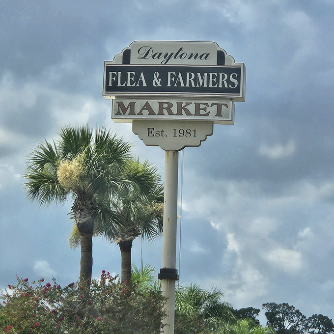 The iconic sign stands tall against Florida skies, a beacon for bargain hunters and treasure seekers since 1981.