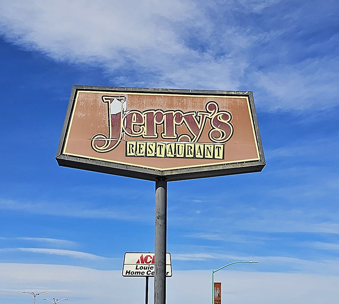 Against that Nevada blue sky, Jerry's sign stands as a beacon of breakfast hope for travelers on America's Loneliest Road.